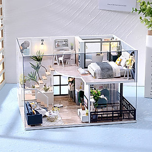 TuKIIE DIY Miniature Dollhouse Kit with Furniture, 1:24 Scale Creative Room Mini Wooden Doll House Accessories Plus Dust Proof & Music Movement for Kids Teens Adults(Satisfied Time)