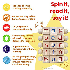 LITTLE BUD KIDS Spin-and-Read Montessori Phonetic Reading Blocks and CVC Phonics Wooden Toy Set for Beginner Readers