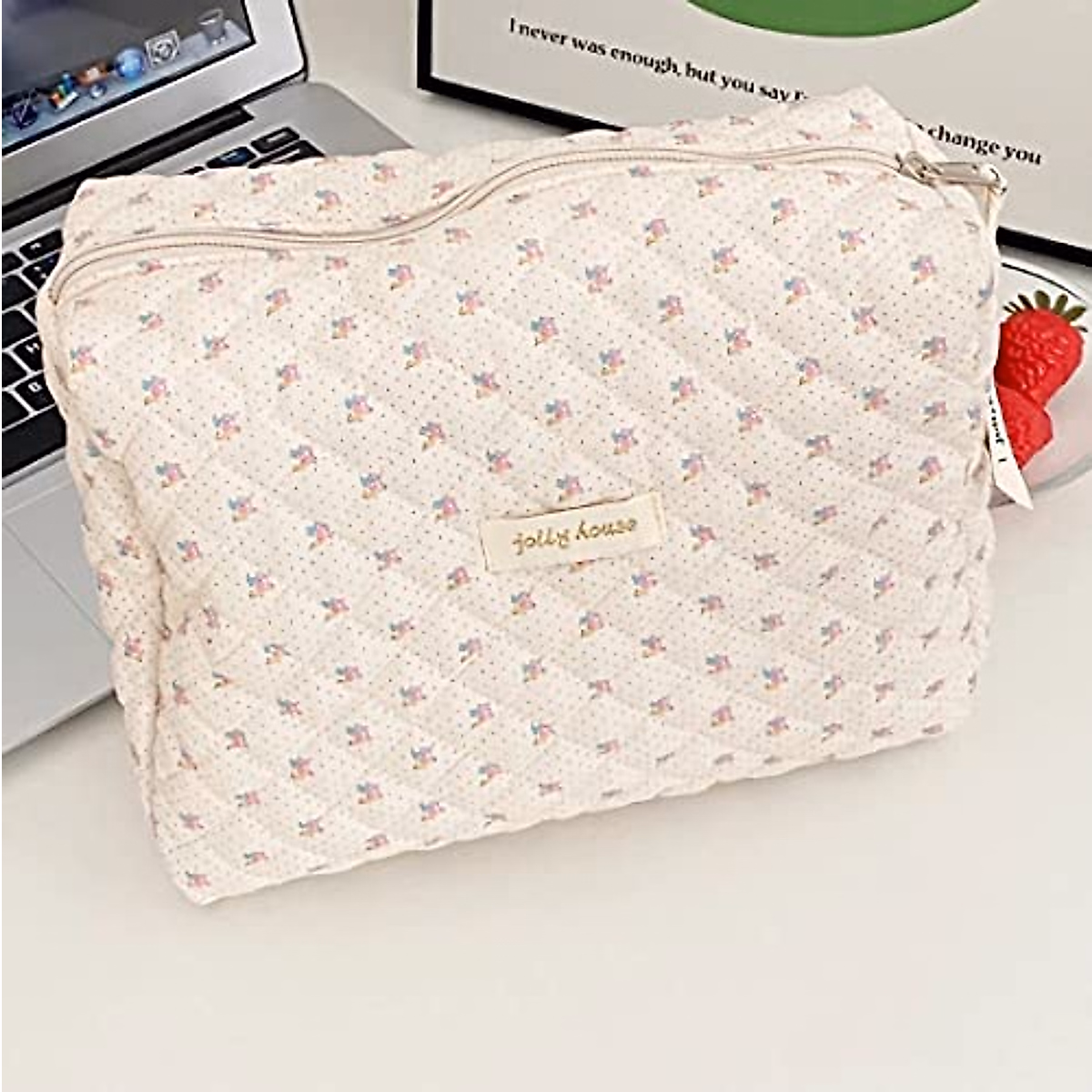 TYFLOVE Kawaii Cotton Makeup Bag Large Travel Cosmetic Bag Aesthetic Floral Makeup Pouch Coquette Quilted Toiletry Bag for Women (B-Beige Floral)