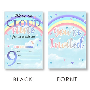 EUDOSI Rainbow Cloud 9th Birthday Party Invitations Supplies Fill-In Set of 20 with Envelopes Watercolor Cloud 9th Birthday Bash Invites Cards, Double Sided