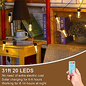 31 Feet Solar Outdoor String Lights Vintage Bulbs with 20 Dimmable Warm White Solar Powered LED Bulbs Waterproof Shatterproof Energy Saving LED Light with Solar Panel for Home Garden Festival Wedding