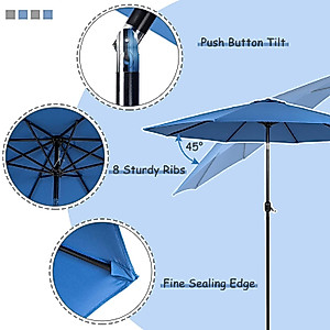 Patiomore 3-Piece Patio Outdoor Bar Set with Removable Cushions and Glass Top Table Patio Brown Wicker Furniture with Two Stools and 10 FT Patio Umbrella, Dark Blue