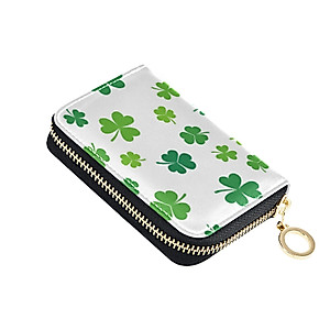 St Patrick's Day Green Seamless Shamrock Clover Lucky Four Leaves Grey Credit Card Coin wallet, RFID Blocking Compact Women Leather Card Holder, Key Change Organizer, Zipper Purse Clutch Pouch