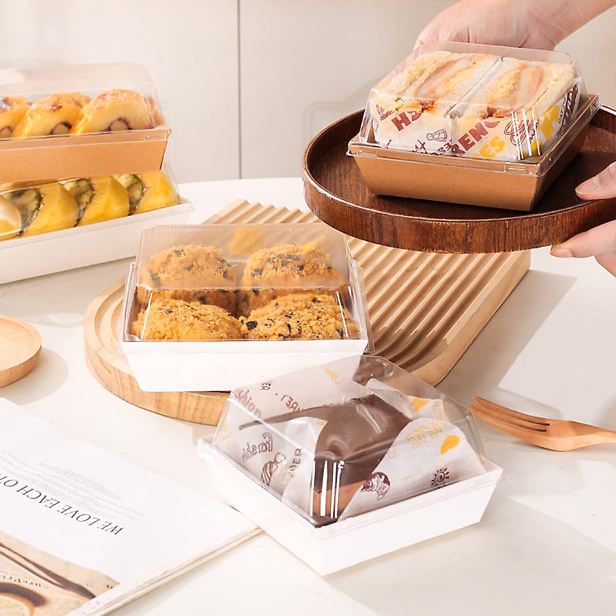 ZORRITA 50 Pack Paper Charcuterie Boxes with Clear Lids, 4 Inches Disposable Sandwich Boxes Square To Go Food Containers for Desserts, Strawberries, Cake Slice and Cookies (White)