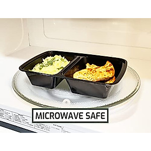 Sunrise Pak [150 Sets] 2 Compartment Meal Prep Containers, 28oz Black Plastic Containers, To Go Container, Bento Box, Lunch Box, Food Storage Container, BPA Free, Reusable (SR222B)