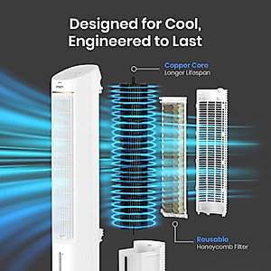 TOSOT Tower Fan Oscillating 80°, Cooling Fan with 2 Ice Packs, CFM 360m³/h, 3 Speed Quiet Fan with Remote Control, 7 Hours Timer, Humidifiers with Removable 4L Water Tank, Floor Fan for Home Bedroom