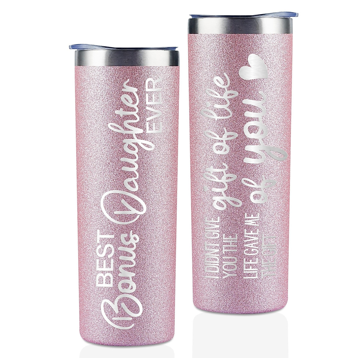 Onebttl Bonus Daughter Gift - 20oz Stainless Steel Travel Mug With Lid and Straw for Birthday, Christmas or Thanksgiving - Best Daughter Ever Glitter Rose