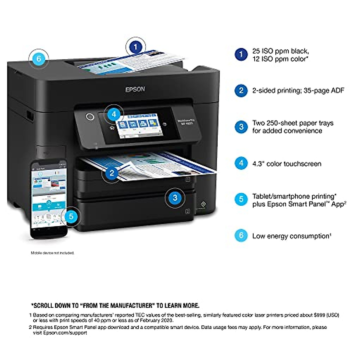 Epson Workforce Pro WF-4833 Wireless All-in-One Color Inkjet Printer - Print Scan Copy Fax - 25 ppm, 4800x2400 dpi, 4.3" Touchscreen, Auto 2-Sided Printing, 50-Sheet ADF, 500-Sheet Capacity, Ethernet