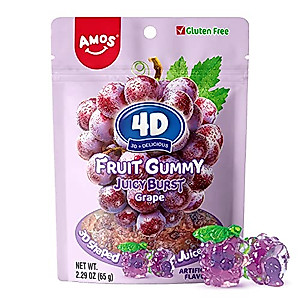 AMOS 4D Gummy Fruit Filled Candy, Fruit Snacks Juicy Burst, Grape Juice Filled Gummies for Cupcake Decoration, Gluten Free Fat Free Christmas Candy, 2.29Oz Per Bag (Pack of 12)