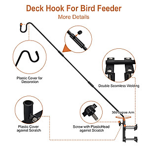 IVOODi Heavy Duty Deck Hook-Deck Railing Plant Hanger, 29 to 43 Inch Extended Bird Feeder Hanger W/Double Clamps,Versatile Deck Shepherd Hook for Hanging Bird Feeders,Lanterns,Planters etc.