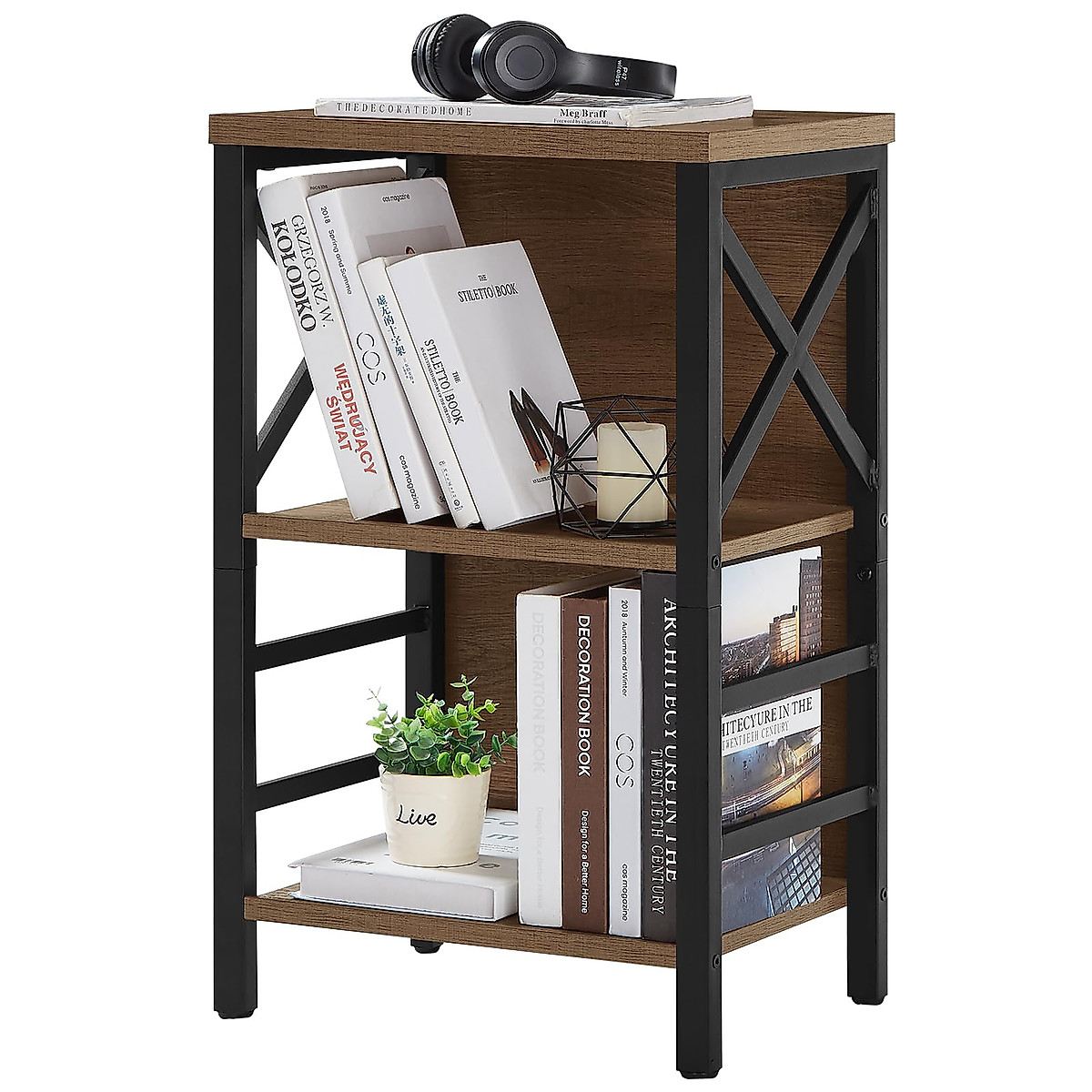 MNEETRUNG Small Bookcase,3 Tier Industrial Short Bookshelf with Metal Frame and Backboard,Rustic Brown Low Bookshelf, Small Office Book Shelf for Small Spaces, Living Room, Bedroom and Home Office