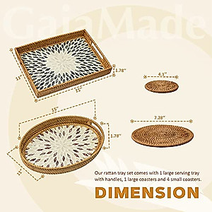 GaiaMade Large Rattan Mother of Pearl Inlay Serving Tray with 5 Coasters (1 Large, 4 Small), Coffee Serving Tray Set, Wicker Serving Tray for Coffee Table, Breakfast and Decoration, Oval Dark Blue
