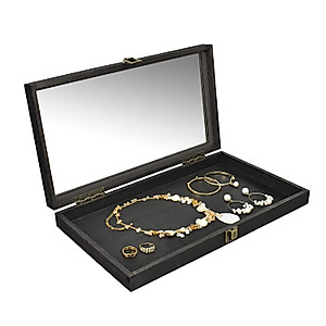 MOOCA Wood Tempered Glass Top Jewelry Display Case Accessories Storage Box with Metal Clasp, Wooden Jewelry Tray for Collectibles, Pocket Knife Display Case, Black