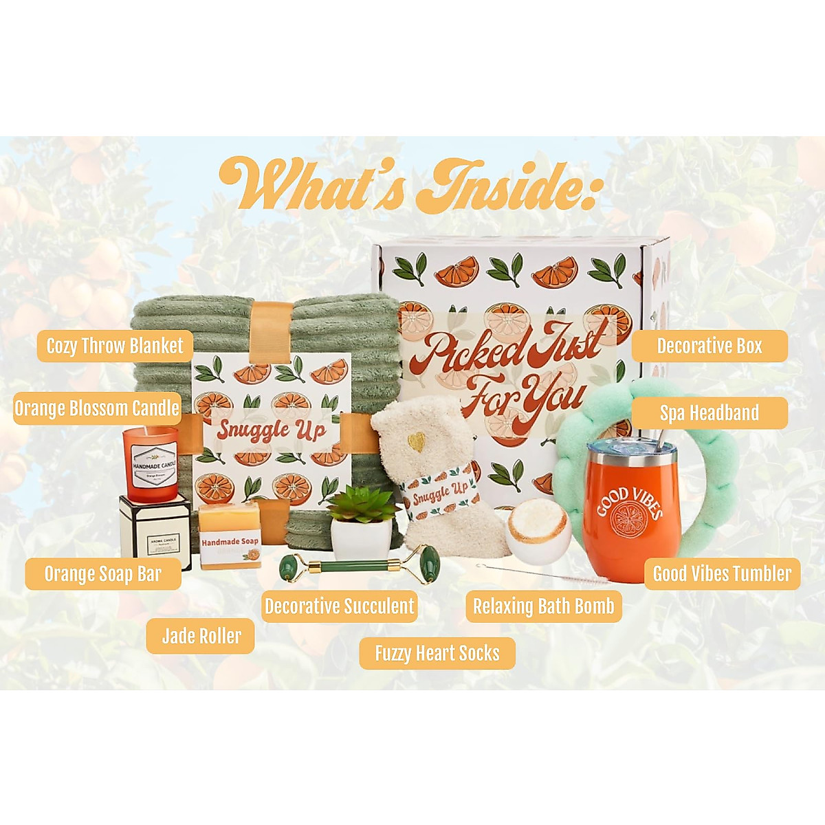Sunny&Wise Care Package For Women, Self Care Gifts for Women, Get Well Gifts For Women After Surgery, Orange Fruit Themed, Thinking of You Gifts for Women with 12 Oz Good Vibes Tumbler