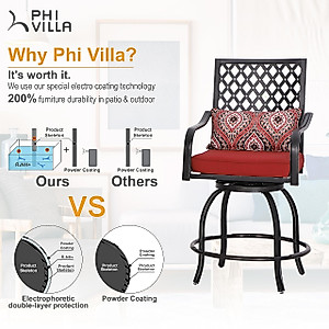 PHI VILLA Outdoor Swivel Bar Stools Set of 4, 27.5" Bar Height Patio Chairs with Red Seat Cushion, Extra Wide Bar Stools with Armrest & Back, Coating Old Craft (Pillow Included)