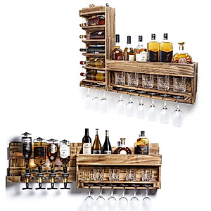 Homde Wine Rack Wall Mounted Wood Wine Shelf with Bottle Stemware Glass Holder Rustic Wine Display Storage Rack