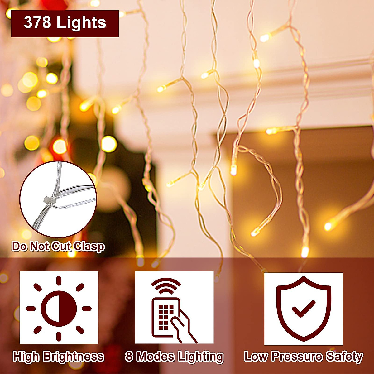 ZOFUNNY 378 LED Christmas Lights Decoration Outdoor, 29.5 Ft 8 Modes 60 Drops Fairy String Curtain Dripping Xmas Decor Indoor Home Garden (Warm White) (JT-EL/FC300V0240-C)