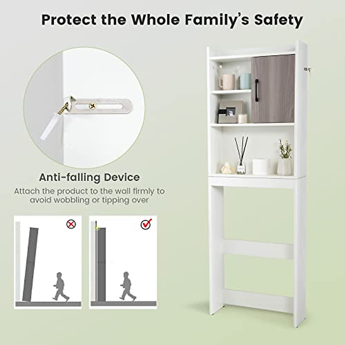 LOKO Over The Toilet Storage Cabinet, Wooden Bathroom Space Saver with Door & Open Storage Shelves, Anti-toppling Device, Freestanding Over Toilet Bathroom Organizer for Bathroom, Laundry