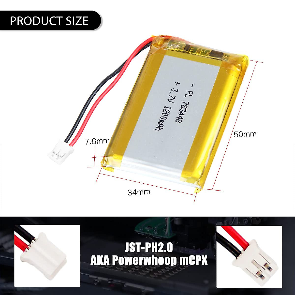 AKZYTUE 3.7V 1200mAh 783448 Lipo battery Rechargeable Lithium Polymer ion Battery Pack with JST Connector