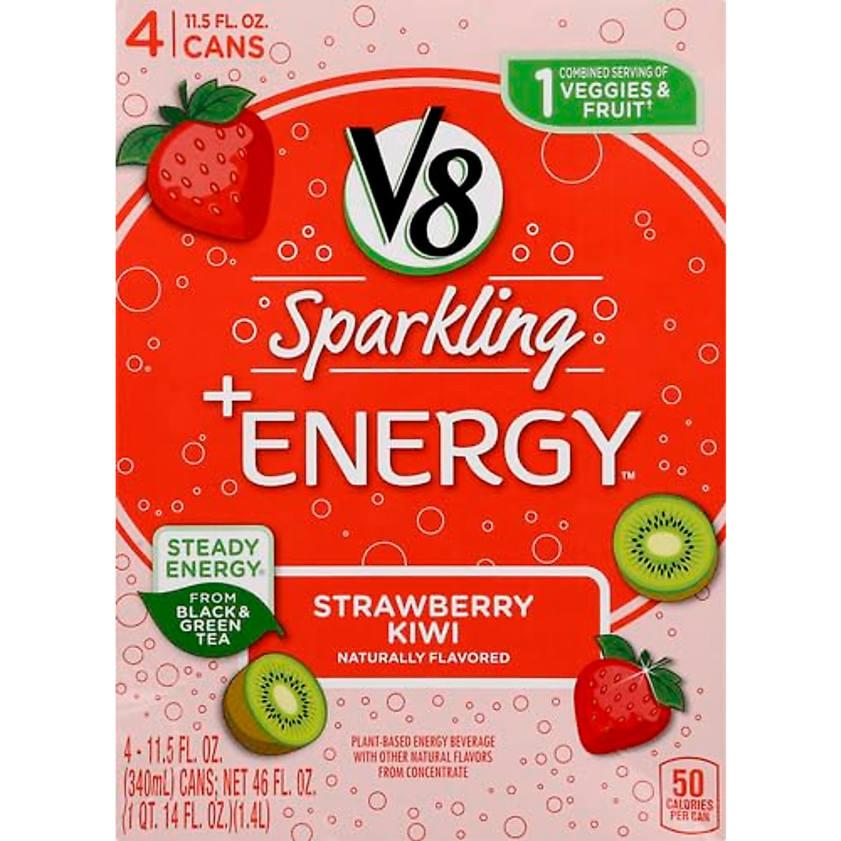 V8 +Energy Sparkling Strawberry Kiwi Juice Energy Drink, 11.5 fl oz Can (4 Pack)
