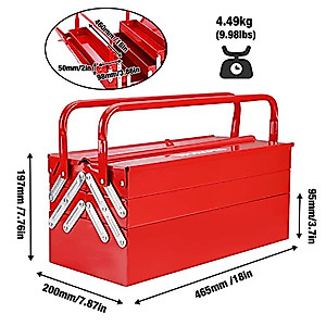 WORKPRO Metal Tool Box, 18-inch Cantilever Folding Red Storage Box, 3-Layer 5-Tray Multi-Function Tool Organizer, Red
