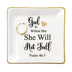 JoycuFF Religious Gifts for Women Inspirational Christian Jewelry Trinket Dish Birthday Gifts for Sister Daughter Mother Aunt Christians God Is Within Her She Will Not Fall