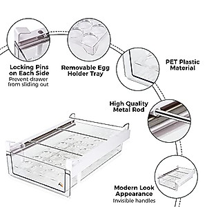 Modest Homeware Adjustable Fridge Organizer Food Storage Drawer - Strong Clear PET Plastic - Removable 28 Egg Holder Tray - Saves Space In Fridge - Fits Most Fridges - Easy Installation Transparent