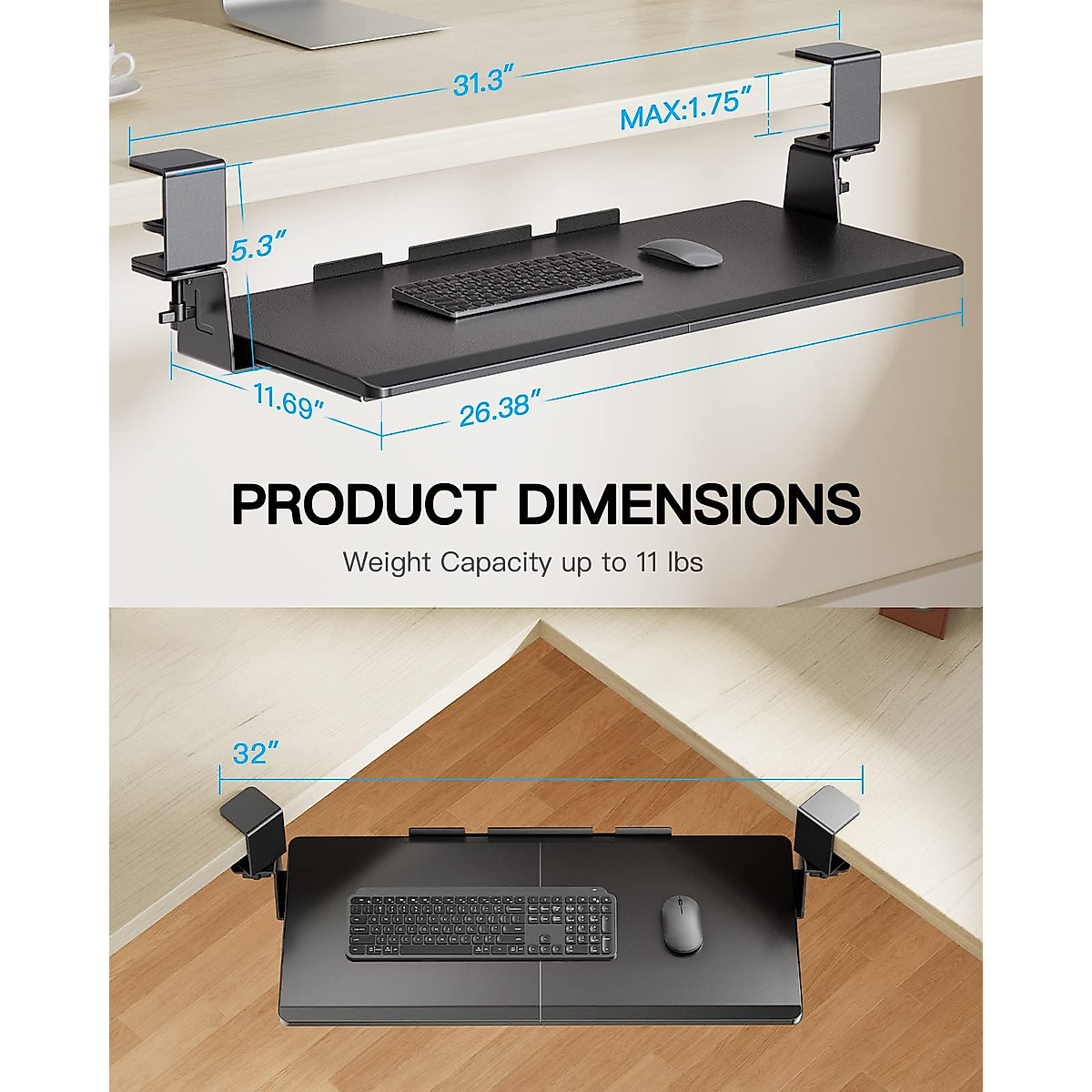 HUANUO Keyboard Tray Under Desk, Ergonomic Corner Keyboard Tray with 45° Adjustable C Clamp for L Shaped Desk, Slide Out Computer Keyboard & Mouse Tray, 27.28" W x 11.85" D, Black