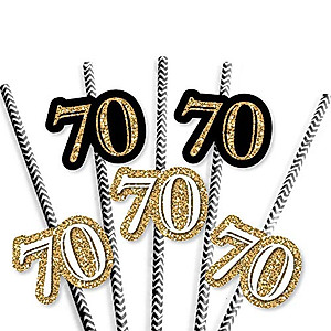 Adult 70th Birthday - Gold - Paper Straw Decor - Birthday Party Striped Decorative Straws - Set of 24