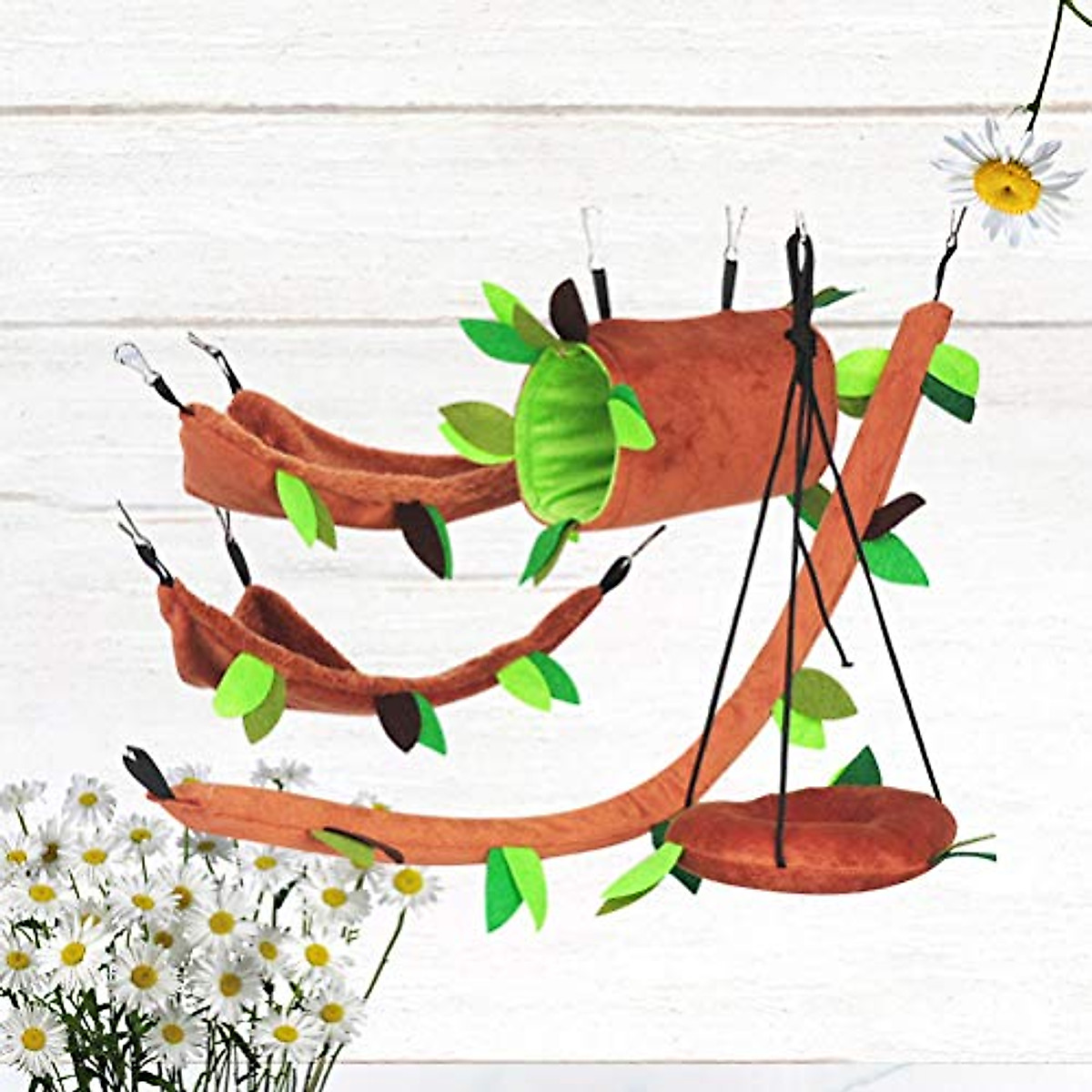 PATKAW Hamster Swing Hammock Set 5pcs Guinea Pig Hammock Plush Small Animals Hanging Bed Hamster Cage Toy Leaf Hanging Tunnel and Swing for Playing Sleeping