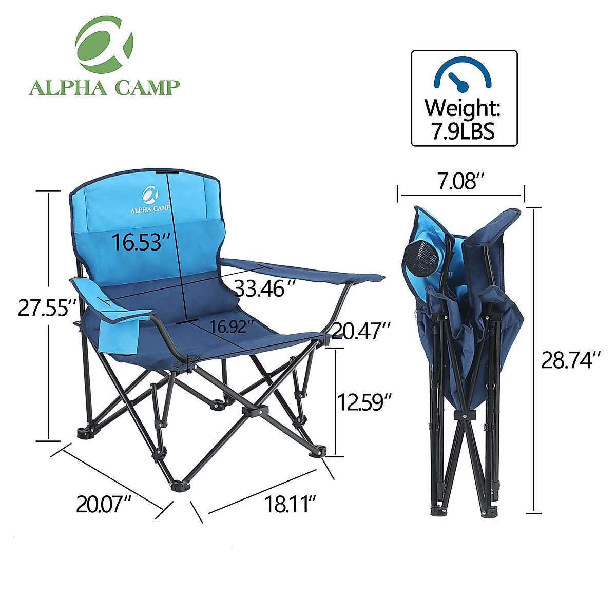 ALPHA CAMP Portable Camping Chair Quad Folding Chair Support 300 LBS Steel Frame Collapsible Chair with Cup Holder for Outdoor