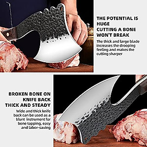 Handmade Meat Cleaver Axes Shape Forged Heavy Duty High Carbon Butcher Knife Boning Breaker Vegetable Butcher Chopper Cutting Chef Knife with Cover for Kitchen Outdoor BBQ (Black)