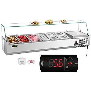 VEVOR Refrigerated Condiment Prep Station, 60-Inch, 16.8Qt Sandwich Prep Table w/ 4 1/3 Pans & 4 1/6 Pans, 146W Salad Bar w/ 304 Stainless Body Tempered Glass Shield Digital Temp Display Auto Defrost
