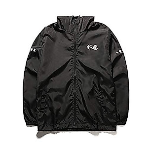 AITFINEISM Men's Lightweight Windbreaker Casual Drawstring Hooded Zip Jackets (Large, Black-1)
