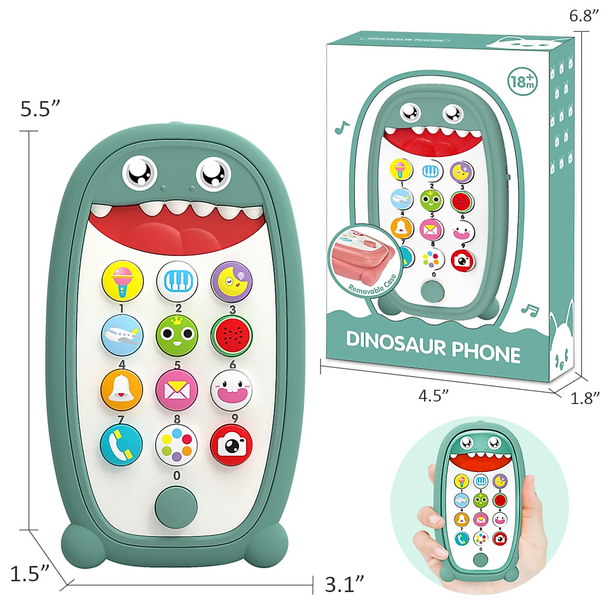 Baby Dinosaur Cell Phone Toy Removable Soft Teether Case, Lights, Music & Adjustable Volume Kids Play & Learn Pretend Phone Infant Toddler, Preschool Holiday Birthday Gift Girl Boy 18 Months (Green)