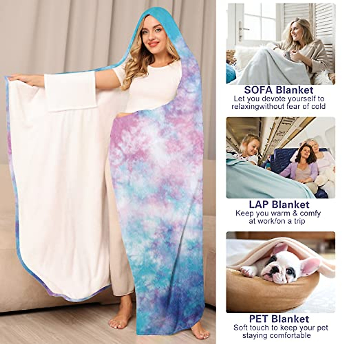 uideazone 80" W x 60" H Wearable Hooded Blanket Beautiful Geometric Super Soft Digital Print Hooded Throw Wrap Premium Fleece Warm Throw Blanket Hooded Cloak for Adults