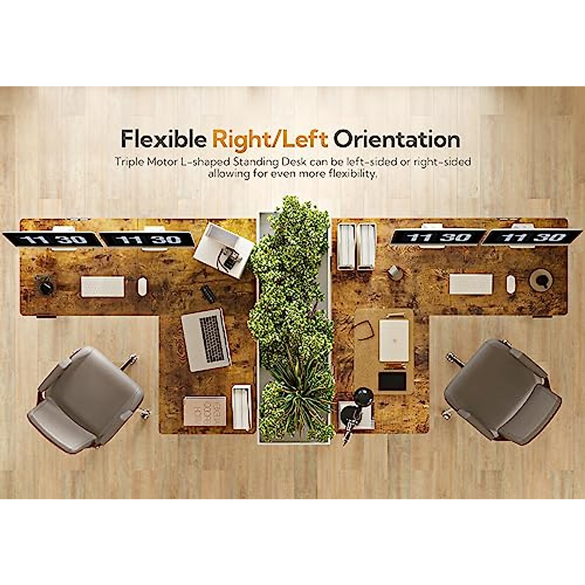 Claiks Triple Motor L Shaped Standing Desk, 63 x 55 inch Corner Stand Up Desk, Adjustable Height Desk with Splice Board, Black Frame/Rustic Brown Top