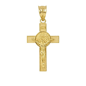 Solid 10k Yellow Gold St. Benedict Crucifix Cross Charm Pendant (1.30")