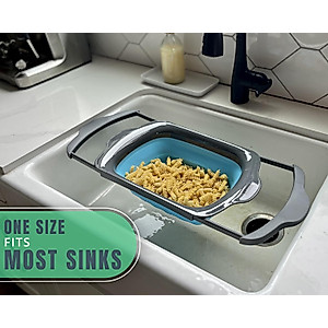 XL Large Kitchen Strainer by Comfify - Collapsible Silicone Over-The-Sink Colander with Extendable Handles - Use with Pasta, Fruit, Berries & Veggie - 6 Quart - Blue
