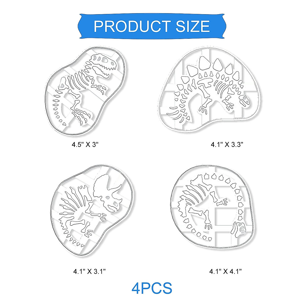 4 Pcs Dinosaur Cookie Cutters Dinosaur Skeleton Fossil Cookie Cutters Stegosaurus T-Rex Tanystropheus Triceratops Bone Fossil Mold for Stamp Baking Dinosaur Biscuits Enthusiasts