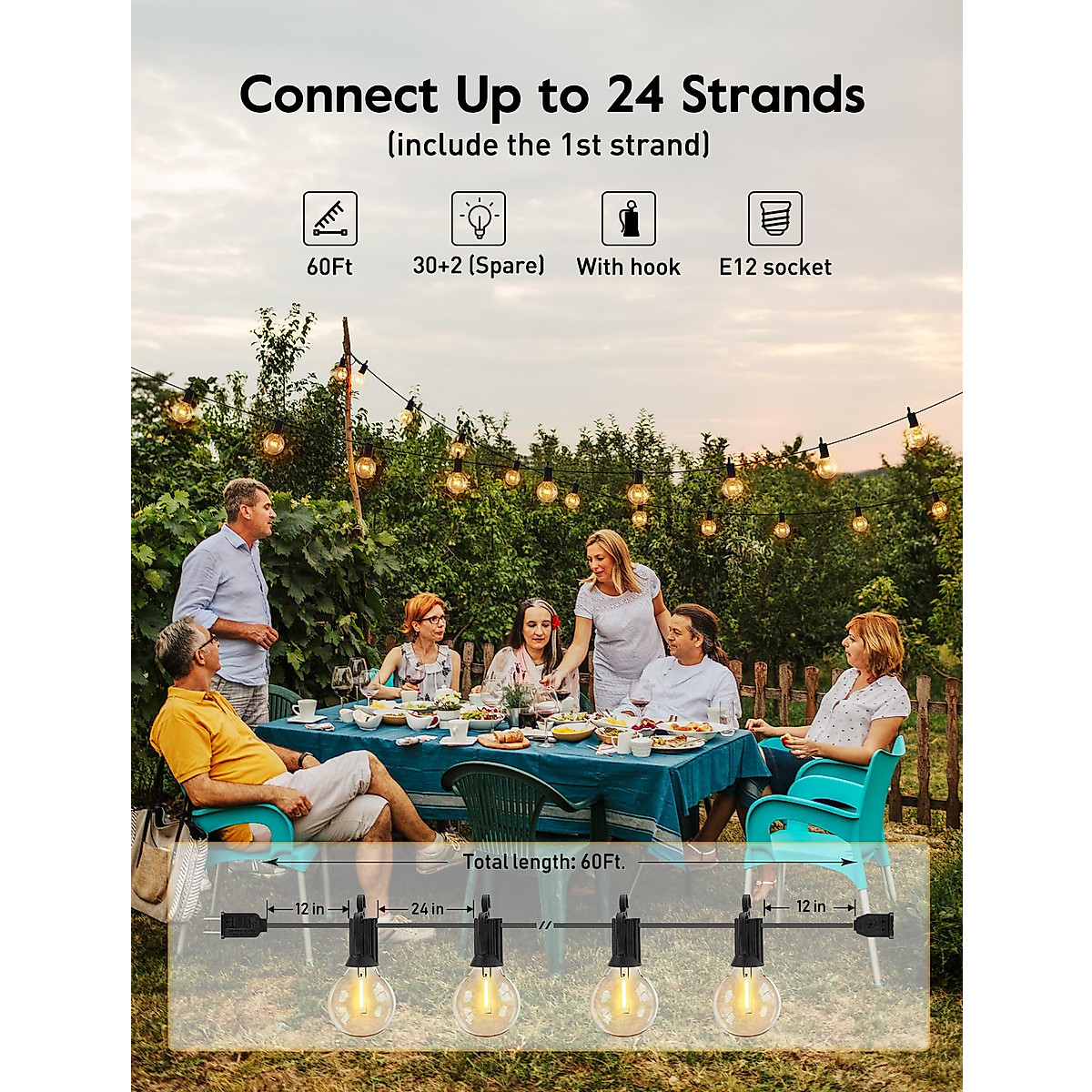 Outdoor String Lights 60 Feet G40 Globe Patio Lights with 32 Edison Shatterproof Bulbs(2 Spare), Waterproof Connectable Hanging Christmas Lights for Backyard Porch Balcony Party Xmas Decor