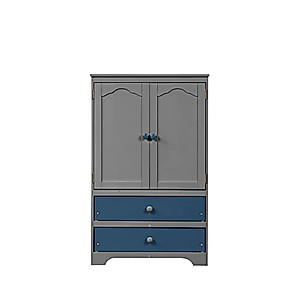 SOFTSEA Kids Armoire Wardrobe Closet with Drawers and Hanging Rod, Wooden Storage Wardrobe with Adjustable Shelf and 2 Doors, Freestanding Wardrobe Cabinet for Bedroom, Kids' Room (Gray + Blue)