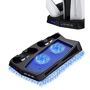 Sony PS5 Vertical Stand - Dual Cooling Fans, 2 DualSense Controller Chargers, 3 USB Ports, PS5 Controller Charging Station and PS5 Cooling Station Compatible with Sony Playstation 5 DE and UHD Edition