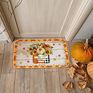 Suttmin 2 Pieces Thanksgiving Fall Kitchen Rugs Hello Fall Mats Pumpkin Sunflower Orange Maple Leaf Mat Floor Rug for Holiday Autumn Thanksgiving Home Decor, 17 x 29 Inches, 17 x 47 Inches