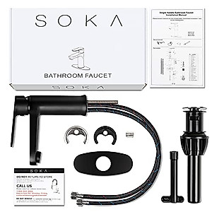 SOKA Brass Bathroom Faucet Matte Black Bathroom Sink Faucet Black with Pop-up Sink Drain Stopper & Deck Plate 1 or 3 Hole Bathroom Faucet Single Handle Bathroom Faucet Single Hole RV Bathroom Faucet