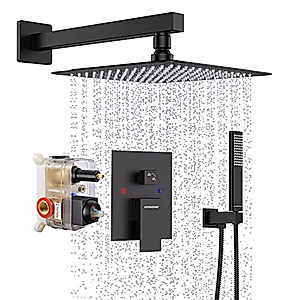 Black Shower System Sets Faucet: EMBATHER 10 Inch Overhead Rainhead Shower Combo Set with Handheld and Valve-Luxury Rain Mixer Rainfall Black Shower Faucets Sets Complete