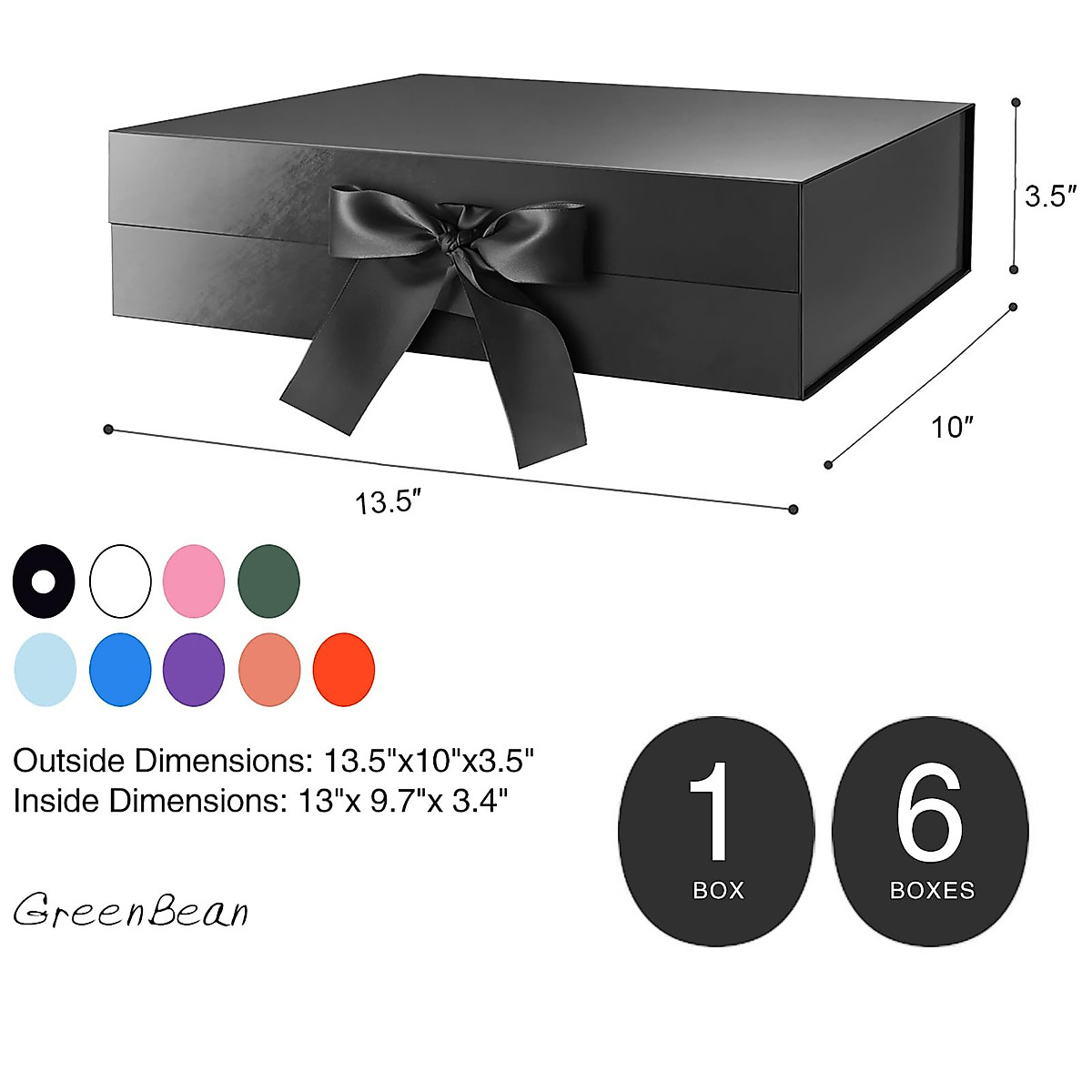 Green Bean Large Gift Box with Ribbon 13x9.7x3.4 Inches, Black Gift Box with Lid Large, Groomsmen Proposal Box, Luxury Gift Box for Present (Glossy Black)