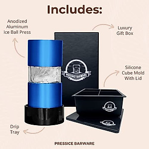 Pressice Barware Ice Ball Press - Effortlessly Make Giant 2.3" Ice Balls - Includes Aircraft Grade Aluminum Ice Press and Ice Mold - Assembled in the US (Ice Press, Blue)