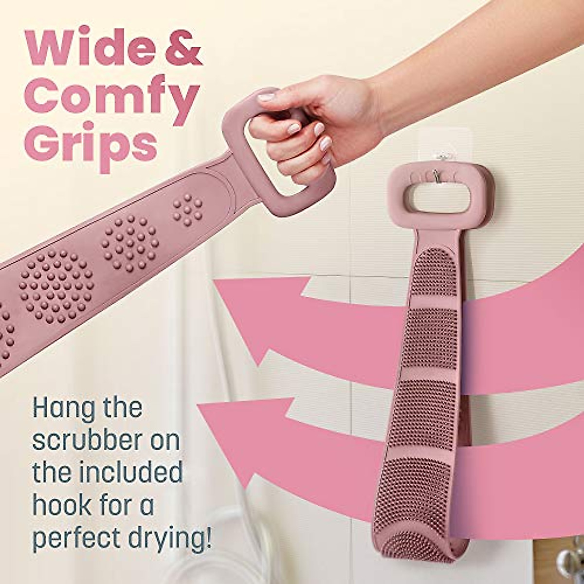 Silicone Back Scrubber for Shower- 32 and 36 Inches Back Body Brush Extra Long for Exfoliating & Massaging Hygienic Back Washer with Handle, Shower Silicone Back Scrubber for Men and Women, Pink.