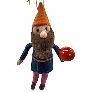 OnHoliday Felt Gnome in Dark Blue Shirt Holding Mushroom Hanging Christmas Tree Ornament